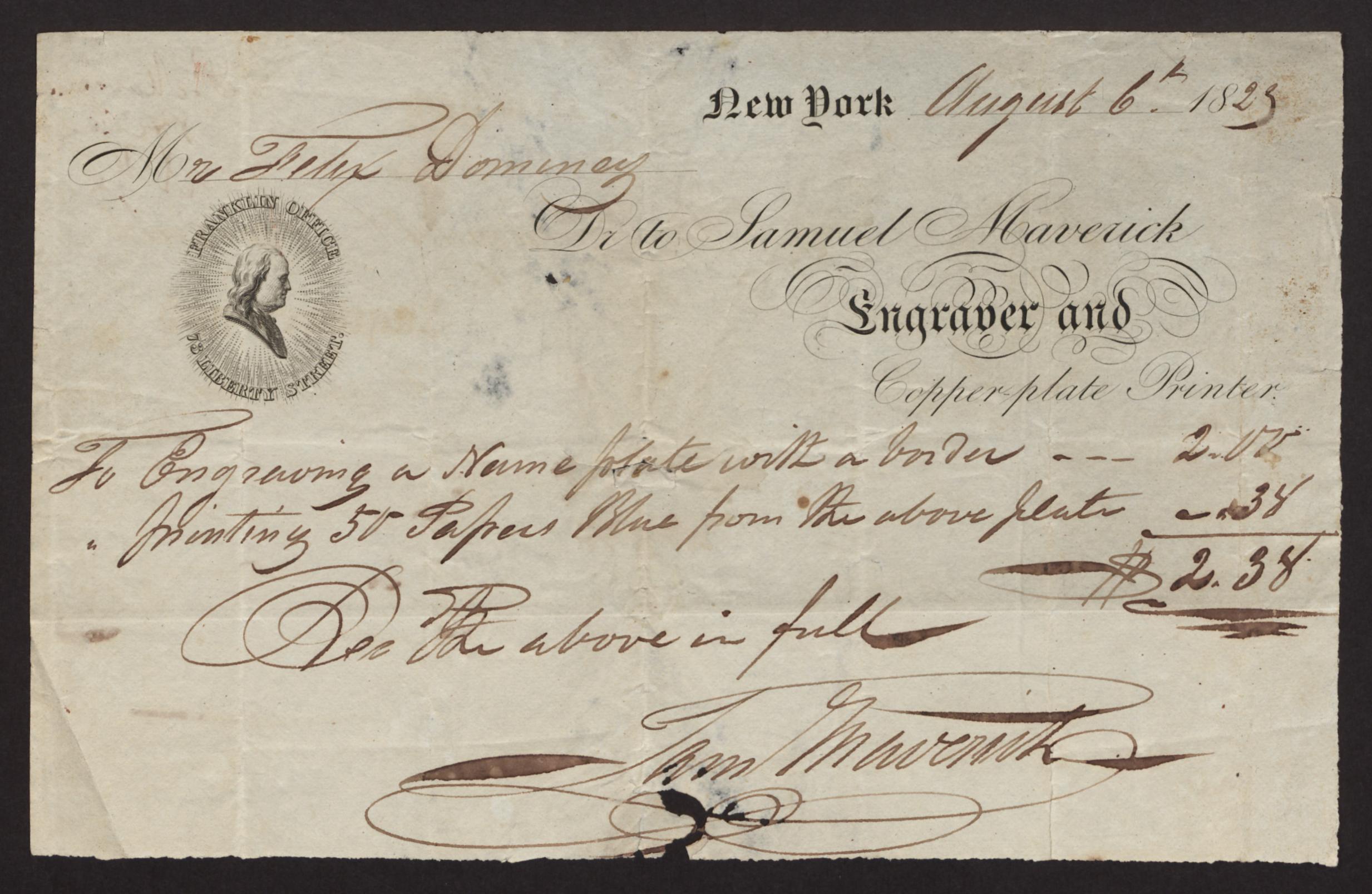 Bill from Samuel Maverick, engraver and copper-plate printer, 1823 ...