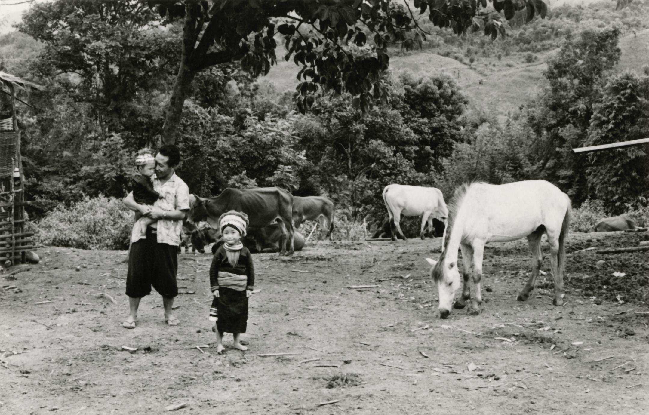‎Blue Hmong (Hmong Njua) father stands with his two children in a village in Muang Vang Vieng in ...