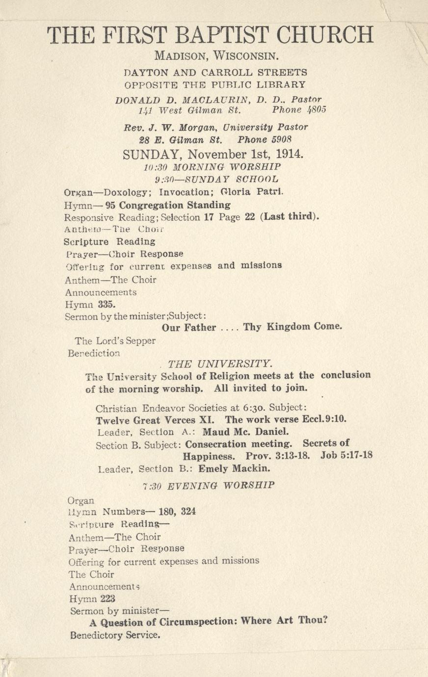 ‎First Baptist Church program - UWDC - UW-Madison Libraries