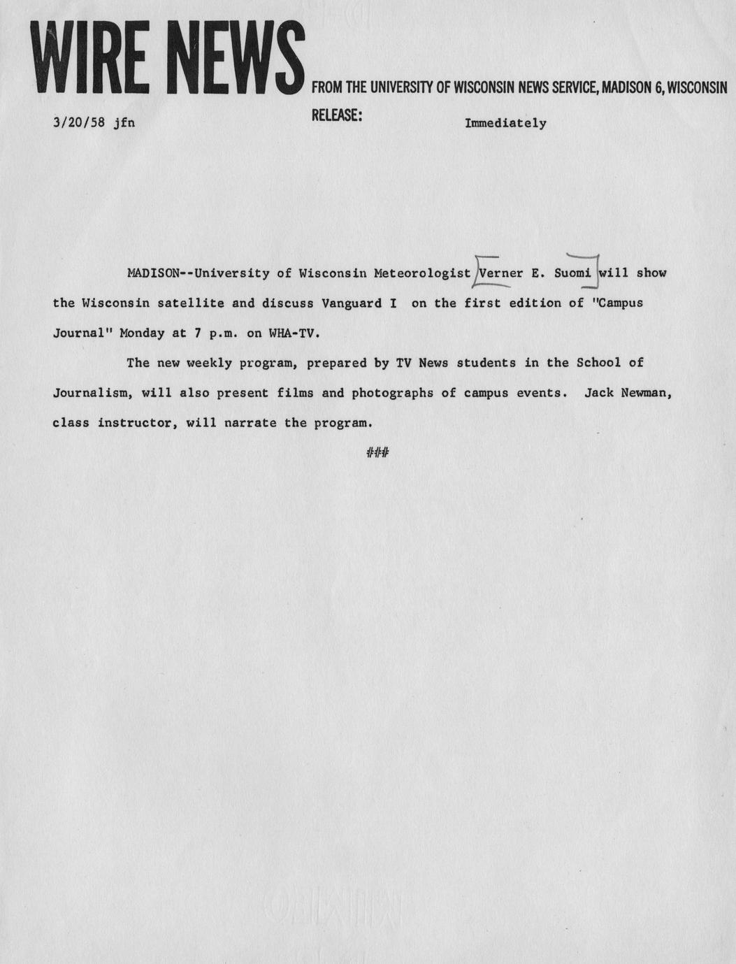 Suomi, Verner E. : emeritus professor of meteorology - Full view - UWDC ...